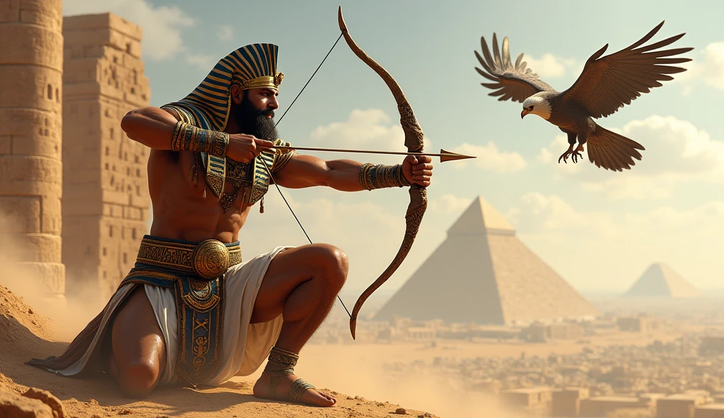A strong muscular bearded king pharaoh archer on one knee shooting at a ...