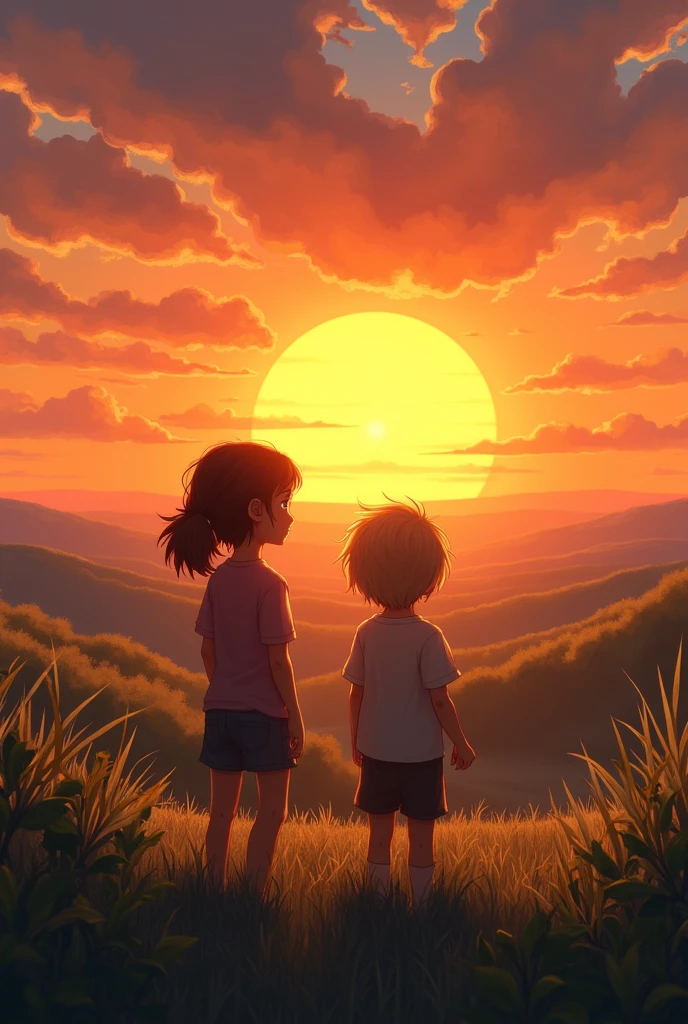 Girl and boy see sun se - SeaArt AI