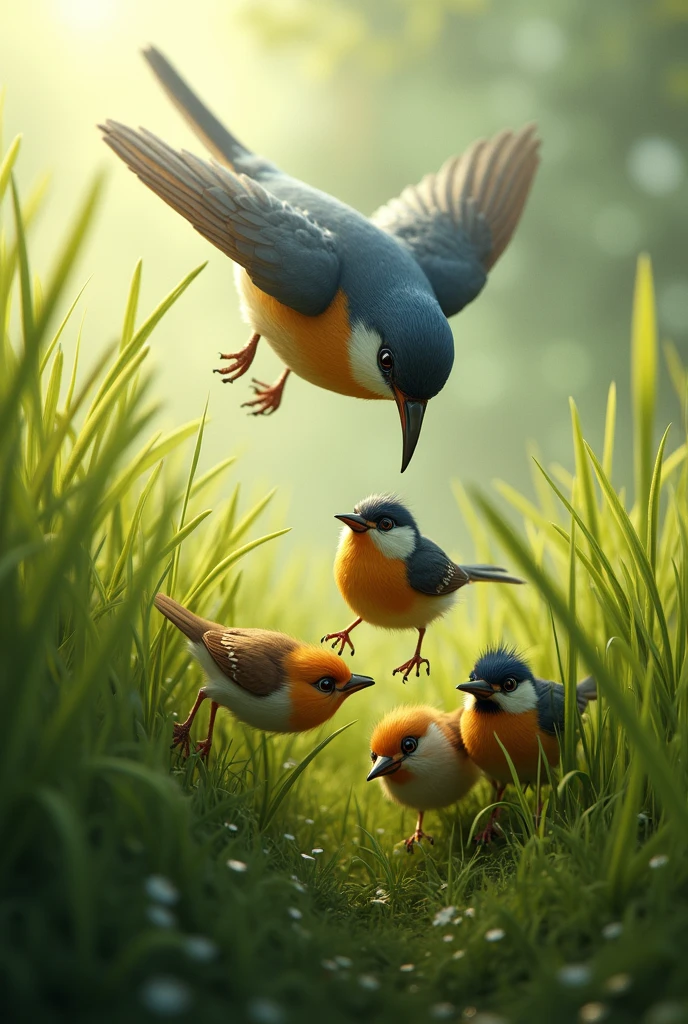 Eight small birds stuck in grass and one bird trying to save them from ...