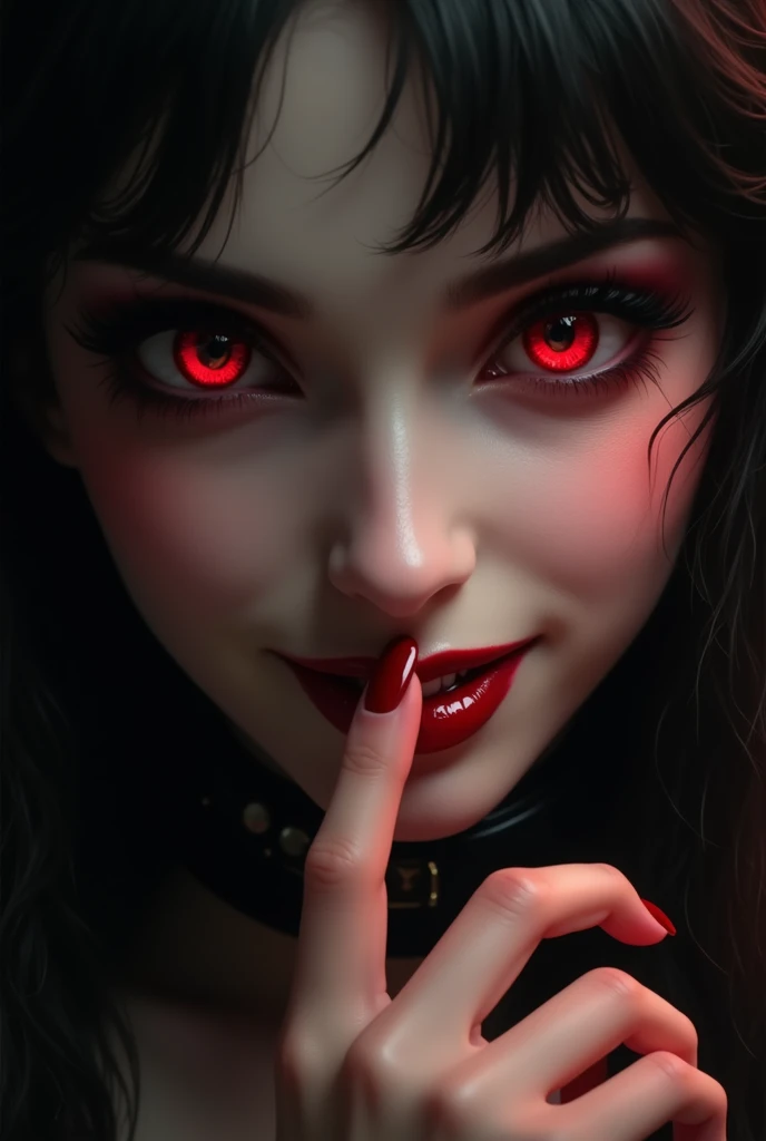 Vampire girl biting index finger looking down at viewer seductively ...