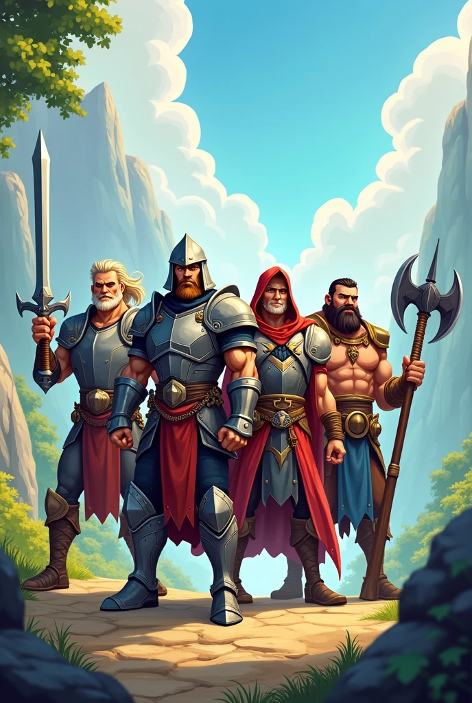 4 male warriors with 4 different role cartoon - SeaArt AI