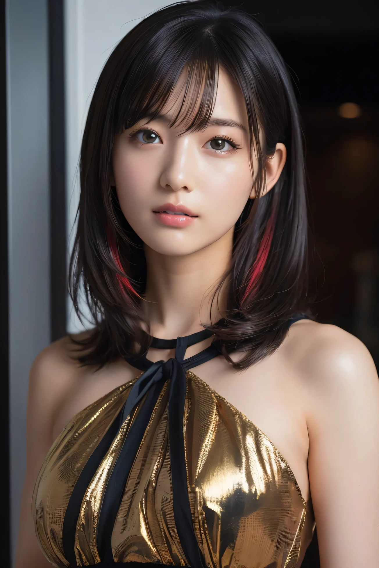 A woman in a gold dress posing for a picture - SeaArt AI