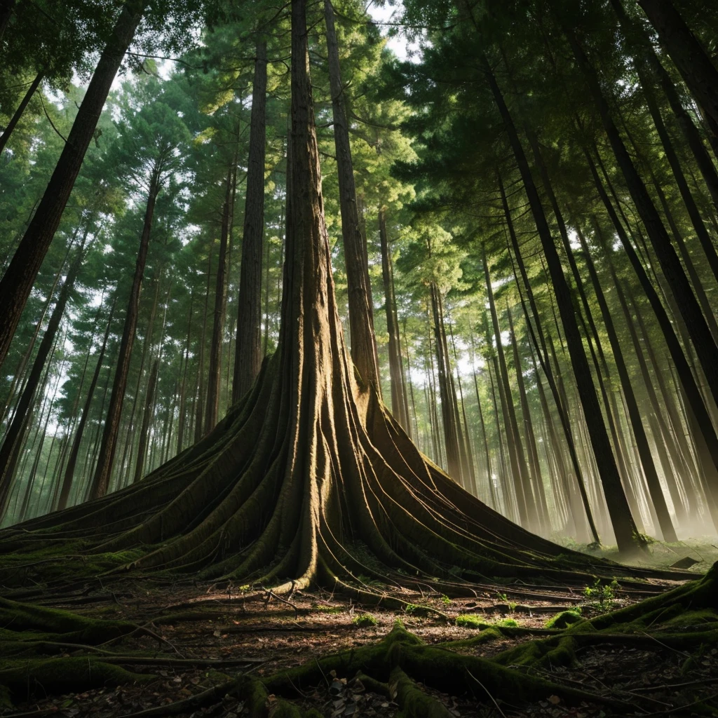 Tall Tree々and lots of thick roots、Dark and dense forest at night ...