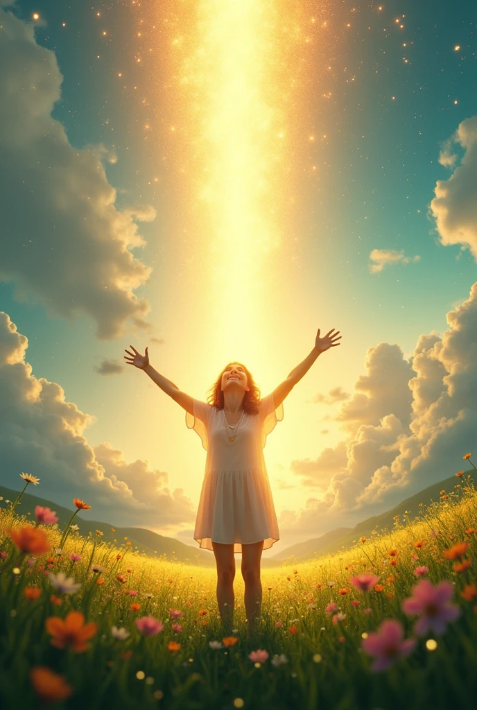 The scene is vibrant and full of light, conveying a sense of hope and ...