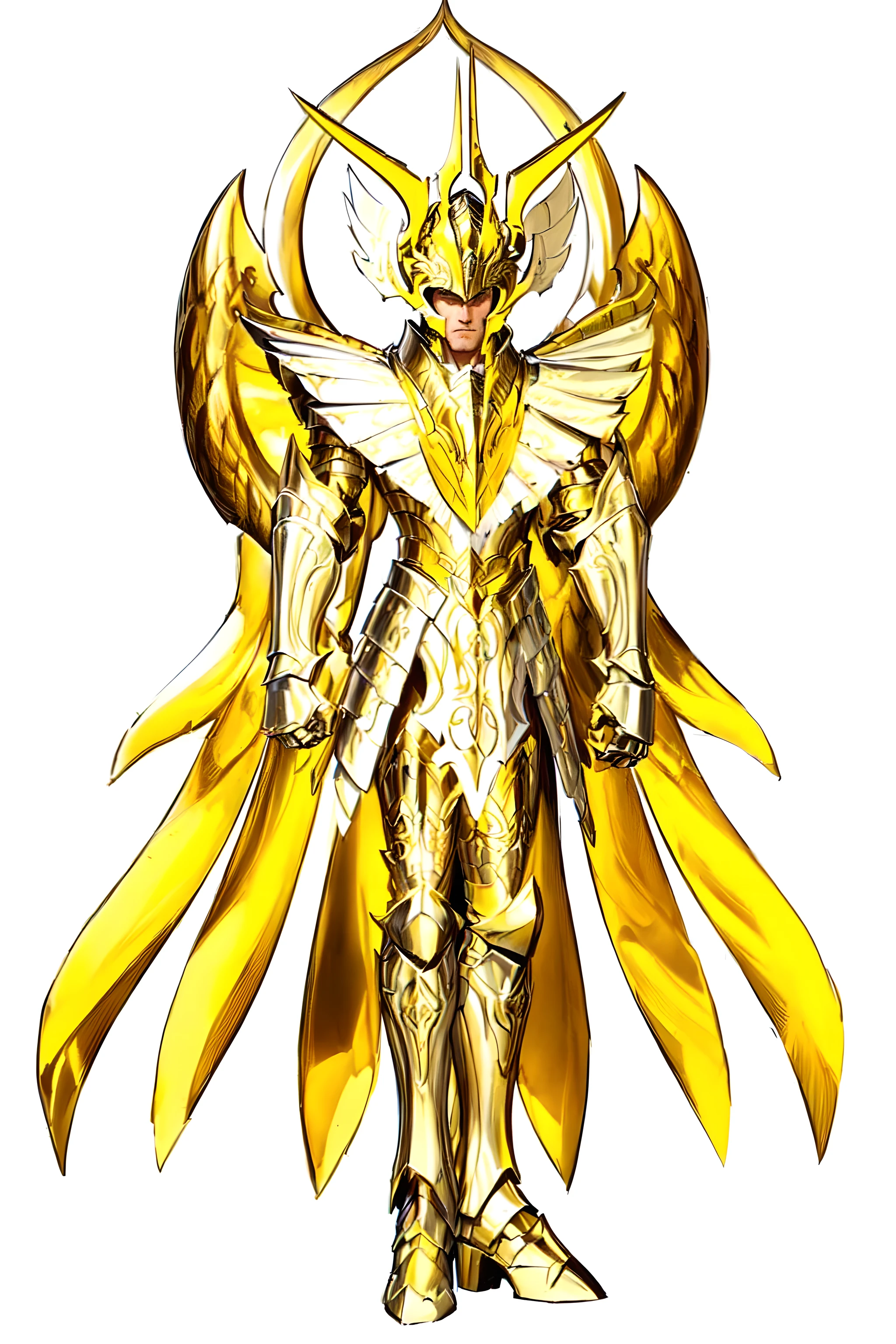 A drawing of a golden knight with wings and a golden halo - SeaArt AI