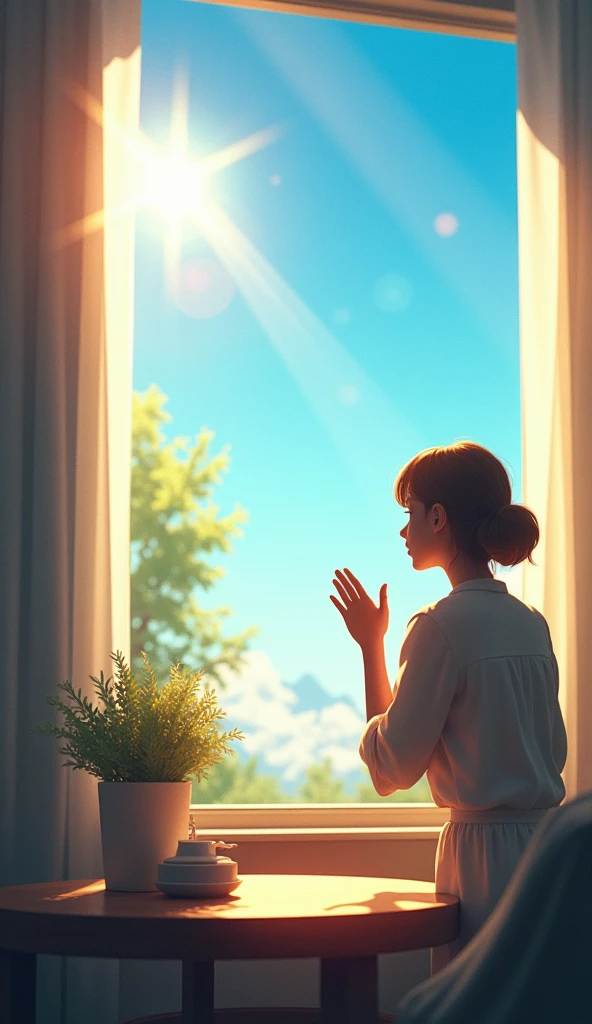 A beautiful sunny morning, view from a window, with sunbeams ...