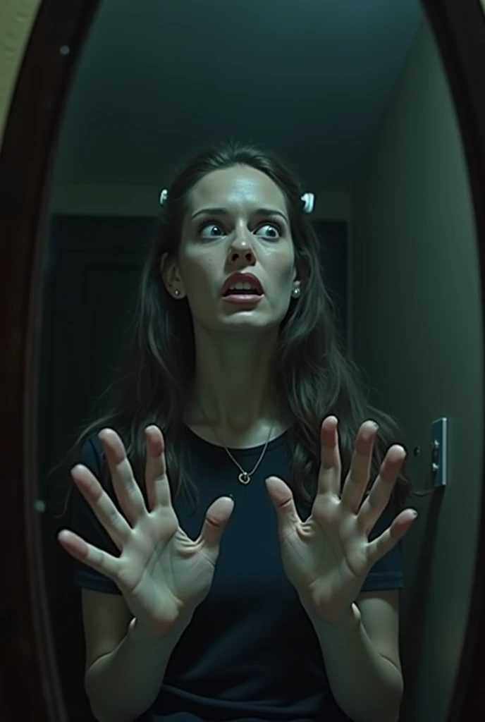A scary scene from inside the mirror, showing the woman trapped inside ...