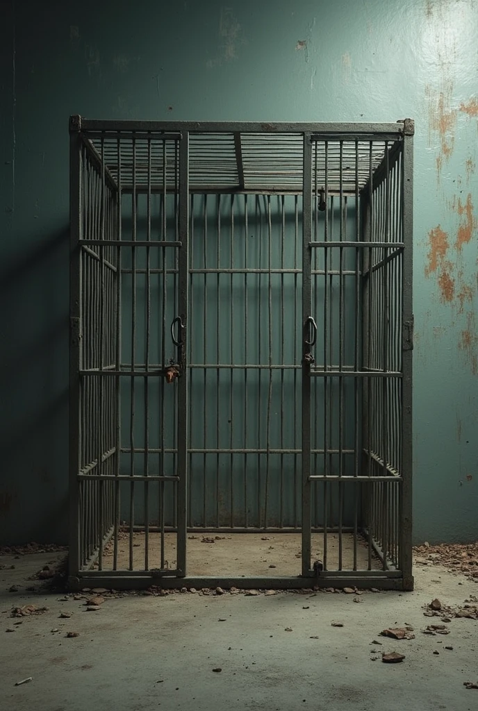 The cage of a large animal is open and the cage is empty. This image ...