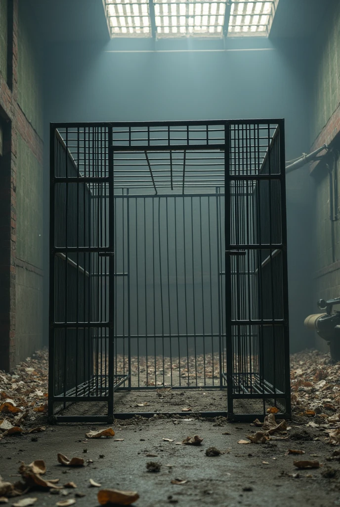 The cage of a large animal is open and the cage is empty. This image ...