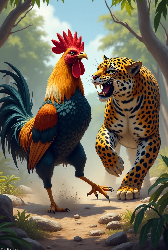 Chicken aggressive attacks to leopard - SeaArt AI