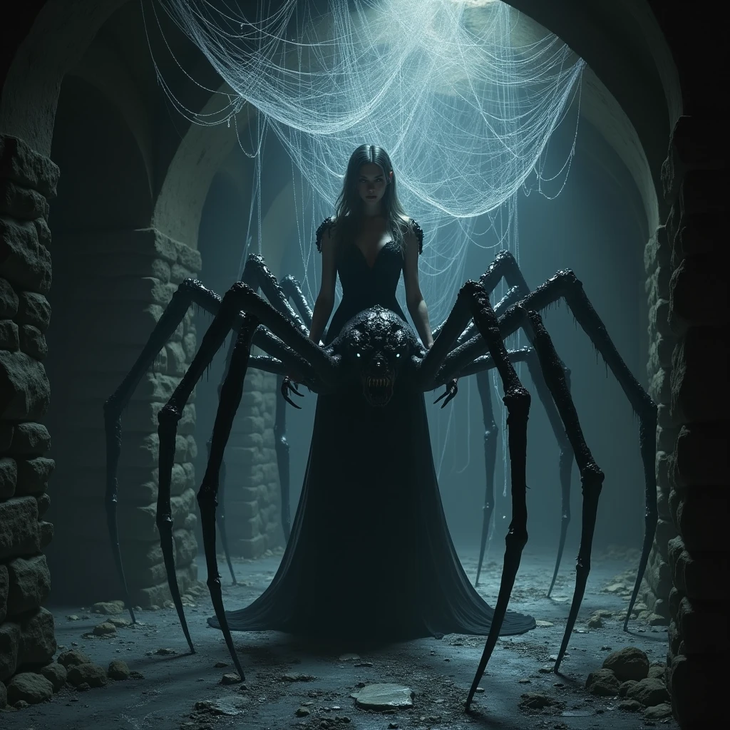 Female drider, medieval fantasy, inside of an old medieval castle - SeaArt AI