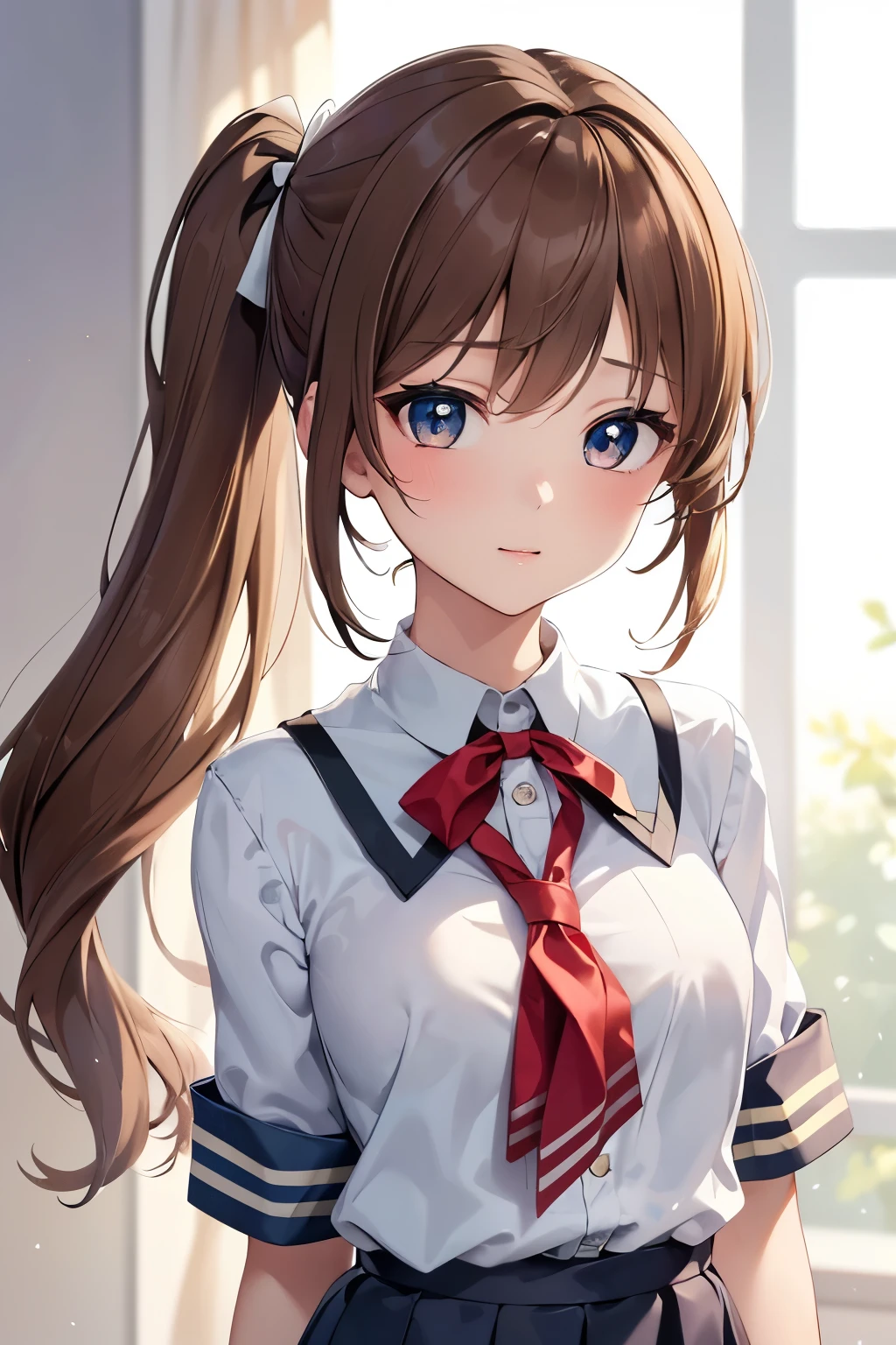 Anime girl with long hair and a red tie standing in front of a window ...