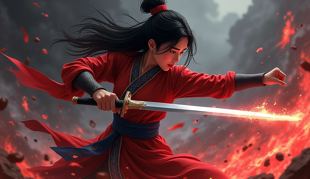 Disneys mulan is fighting, Black and red Anime Design - SeaArt AI