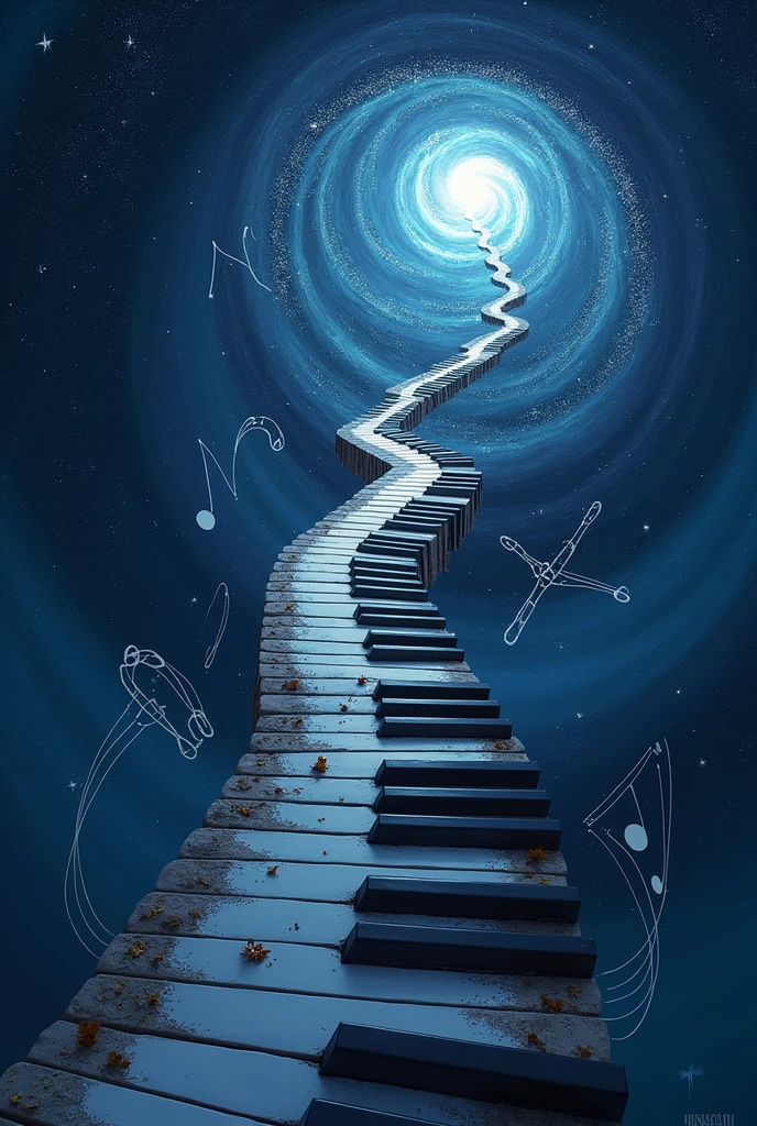 Stairs made of piano keys ascending to the sky, with musical notes ...
