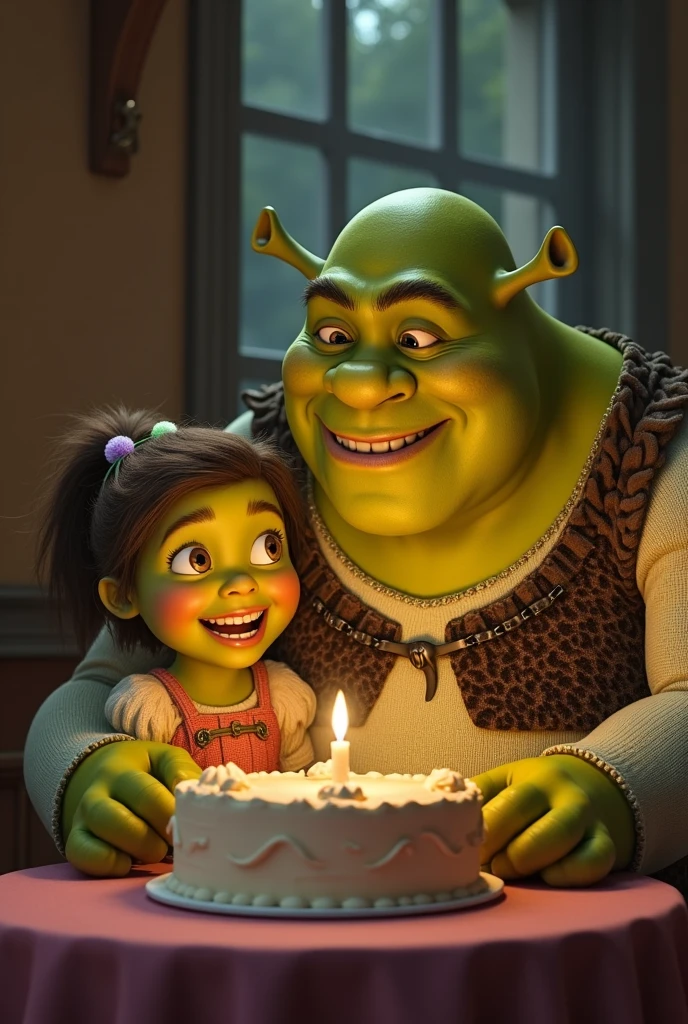 Sherek with his daughter at his daughter's birthday with an ogre face ...
