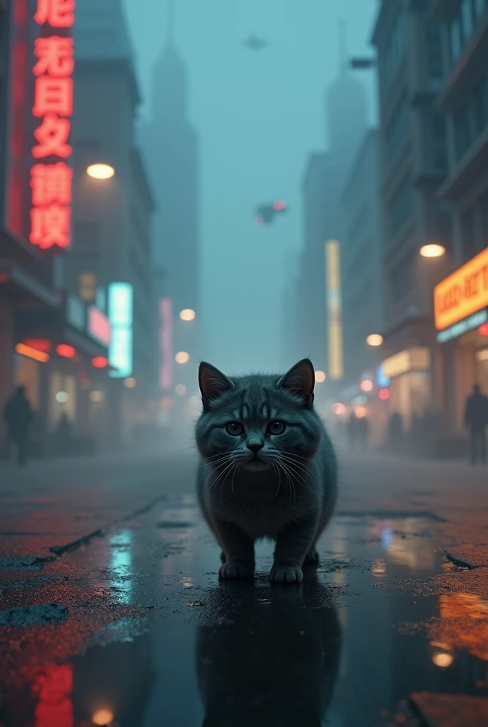 Cat munchkin in the fog in a city at night, blade runner 2049 lighting ...