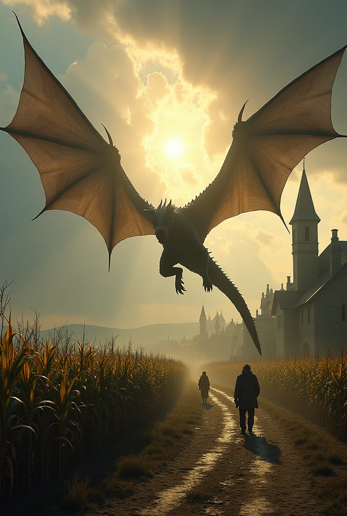 A realistic photo,dynamic light, lensflare, A giant dragon is flying ...
