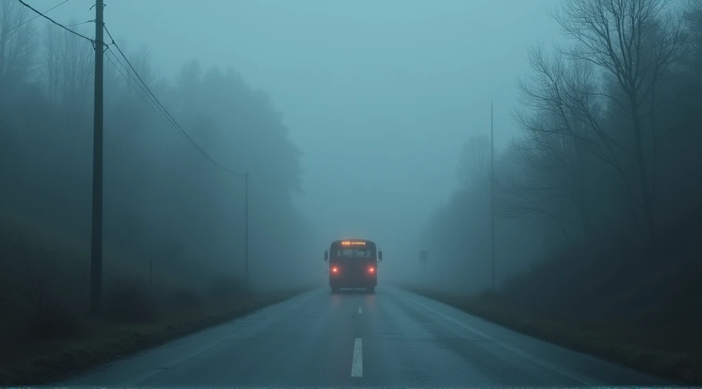 "A dark, foggy road with the bus disappearing into the distance - SeaArt AI
