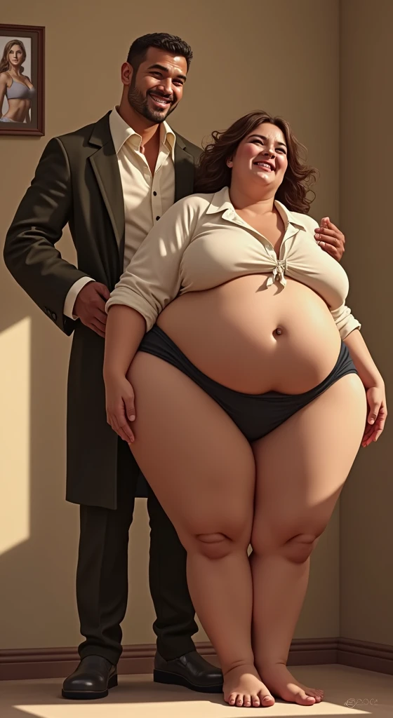 In a dim room, the woman's body appears incredibly large and helpless - SeaArt AI