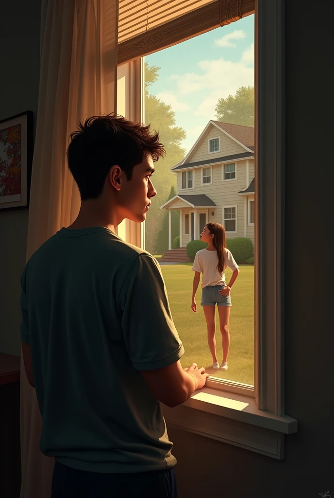 A man looking outside at a girl in front of his house - SeaArt AI