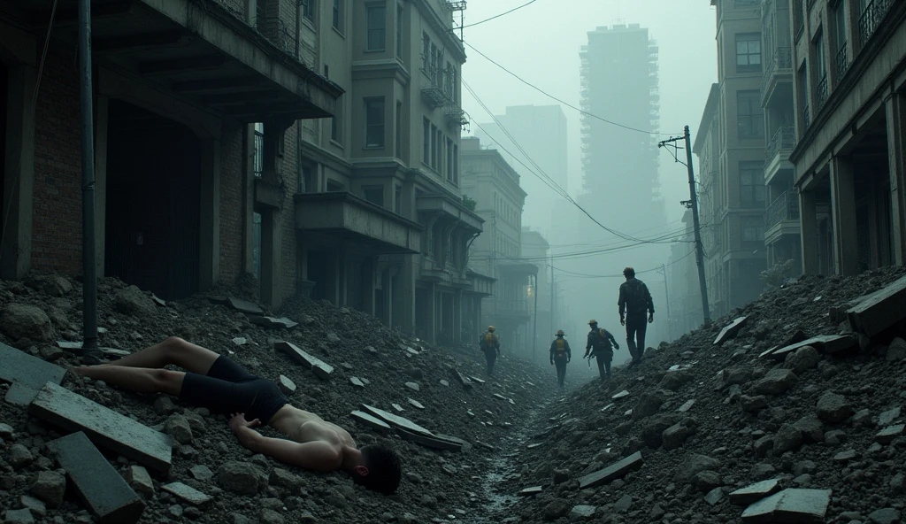 Person buried in a pile of rubble from a building after a collapse ...