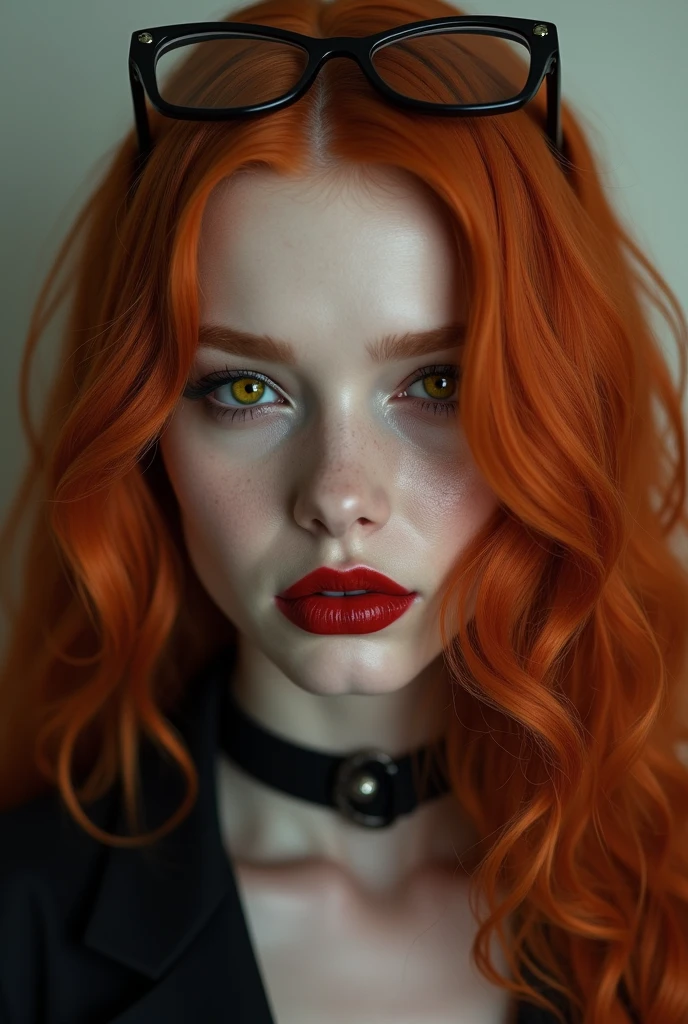 Woman with orange-red hair, long and wavy, vampire disguised with human ...