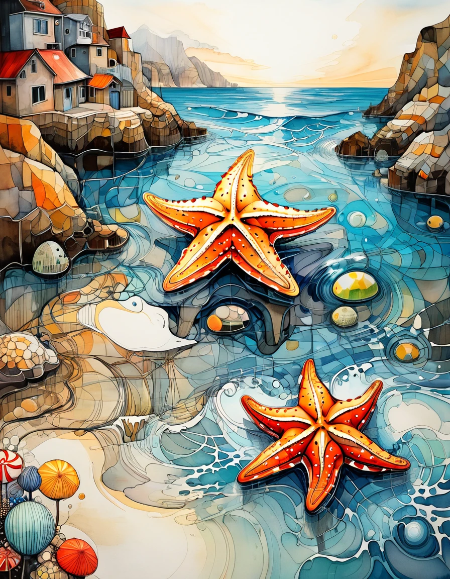 Watercolor painting of a surrealist poster, starfish, Colors for canvas ...