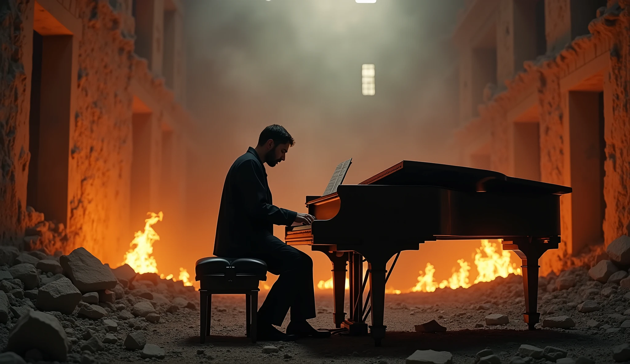 Arafed image of a man playing a piano in a ruined building - SeaArt AI