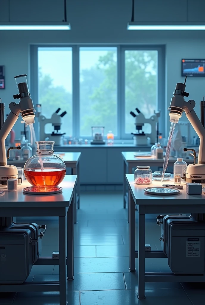 A laboratory with two work tables. On the table on the left - SeaArt AI