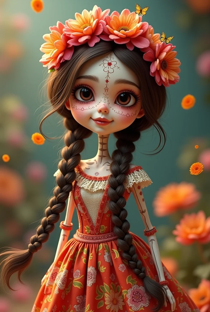 Animated doll Day of the Dead White skin Long brown hair with two ...