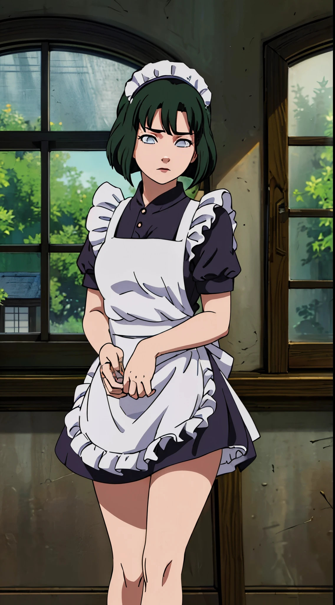 A close up of a woman in a maid outfit standing in front of a window ...