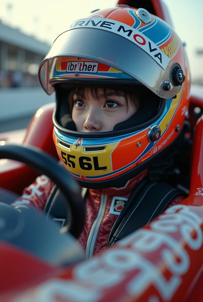 1girl is wearing F1 helmet, (((ARAI helmet))), circuit, ((sitting F1 ...