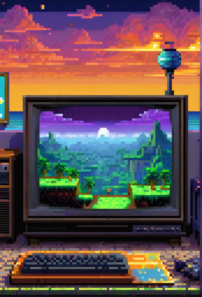 Close-up of an old TV screen, sixteen-bit graphics like on a console ...