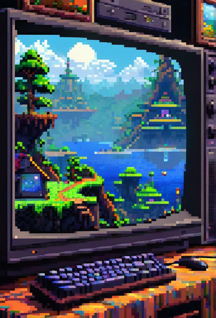 Close-up of an old TV screen, sixteen-bit graphics like on a console ...