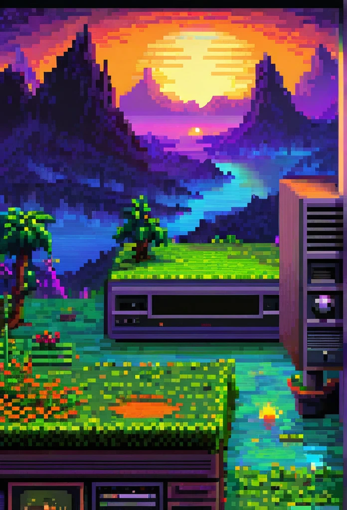 Close-up of an old TV screen, sixteen-bit graphics like on a console ...