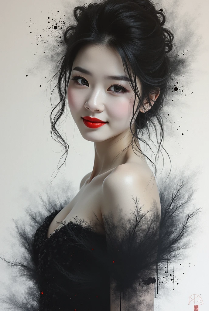 A beautiful young Asian woman exuberant, elegant dress, with a ...