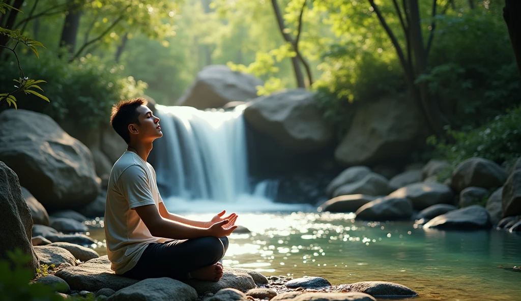 A young man sitting in meditation, near a small waterfall that flows ...