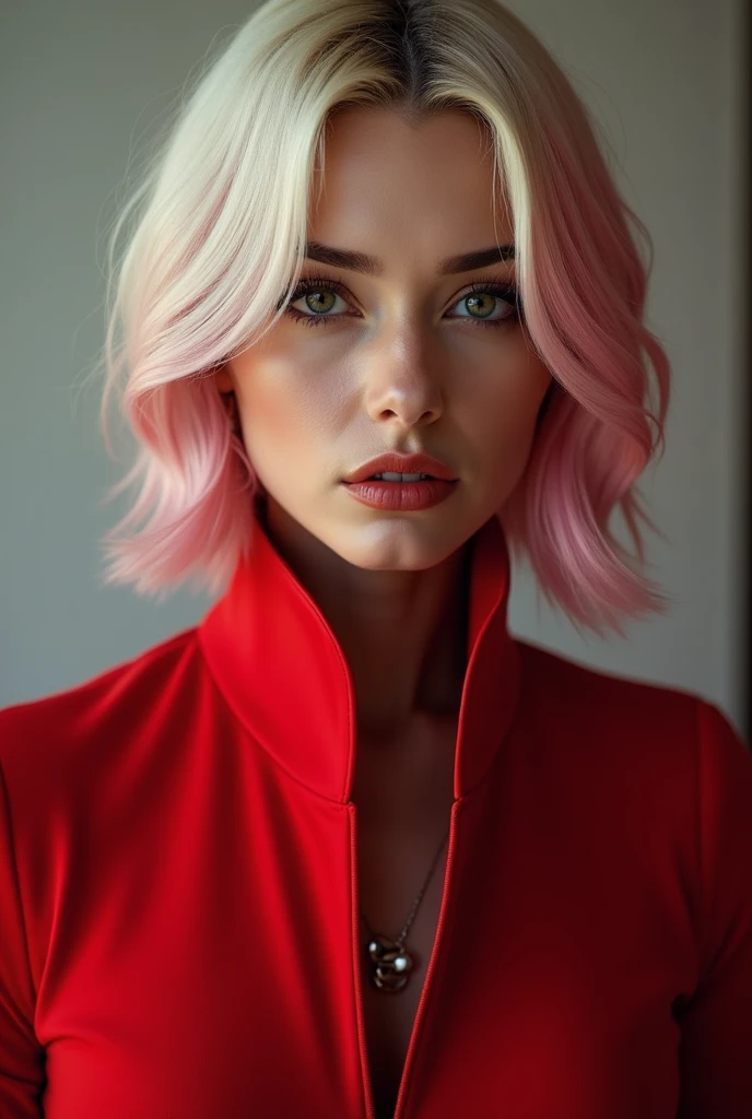 A woman with short, shoulder-length platinum blonde hair with dark pink ...