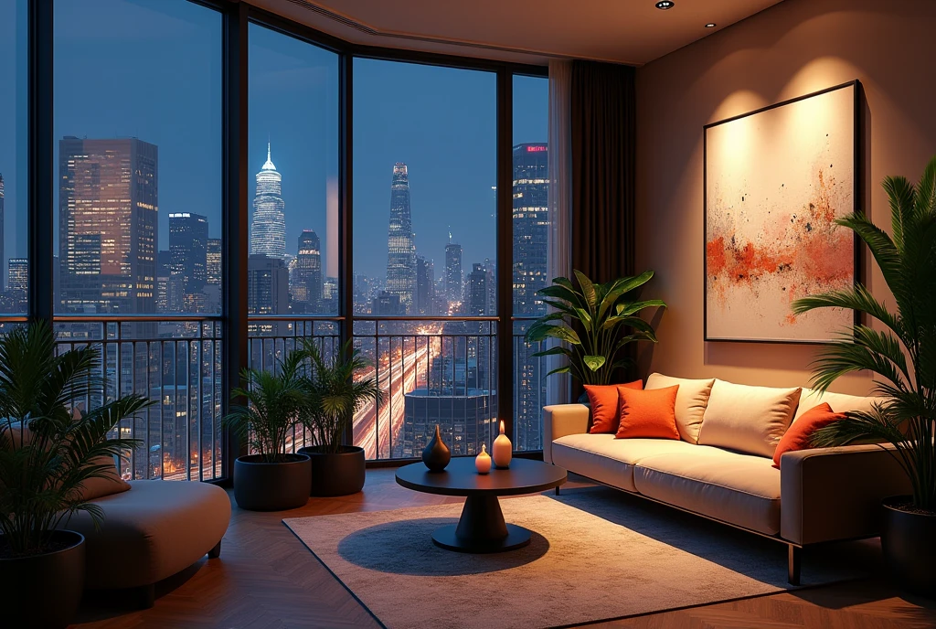 A cozy apartment in the heart of the city, panoramic night city view ...