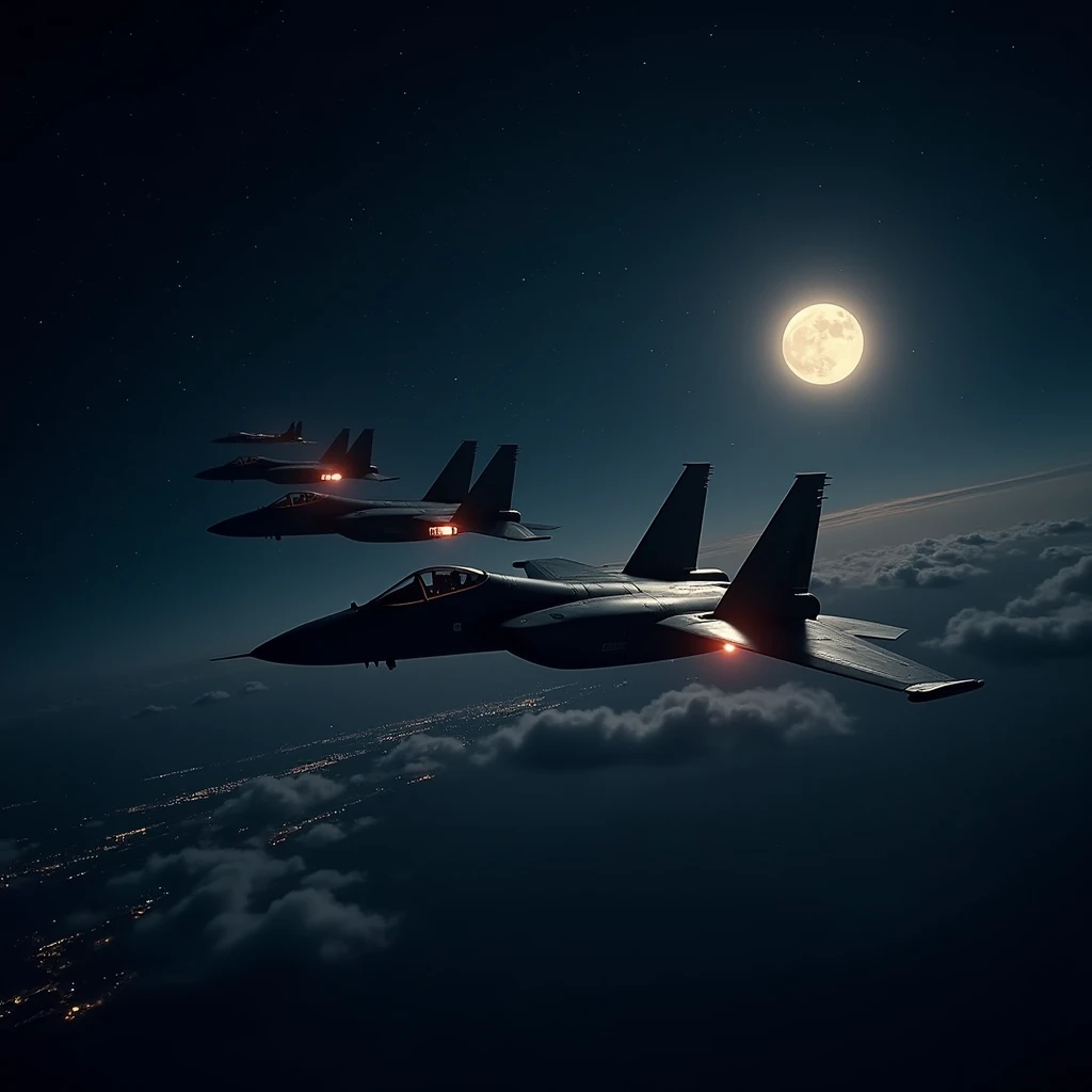 Four F15s, night flight, starry sky, full moon, city lights - SeaArt AI