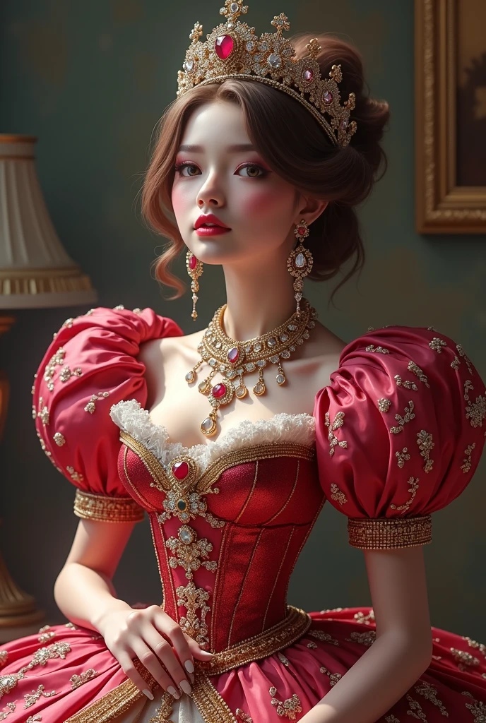 A brown-haired princess with a pompous dress and ruby shoes and a diamond crown - SeaArt AI