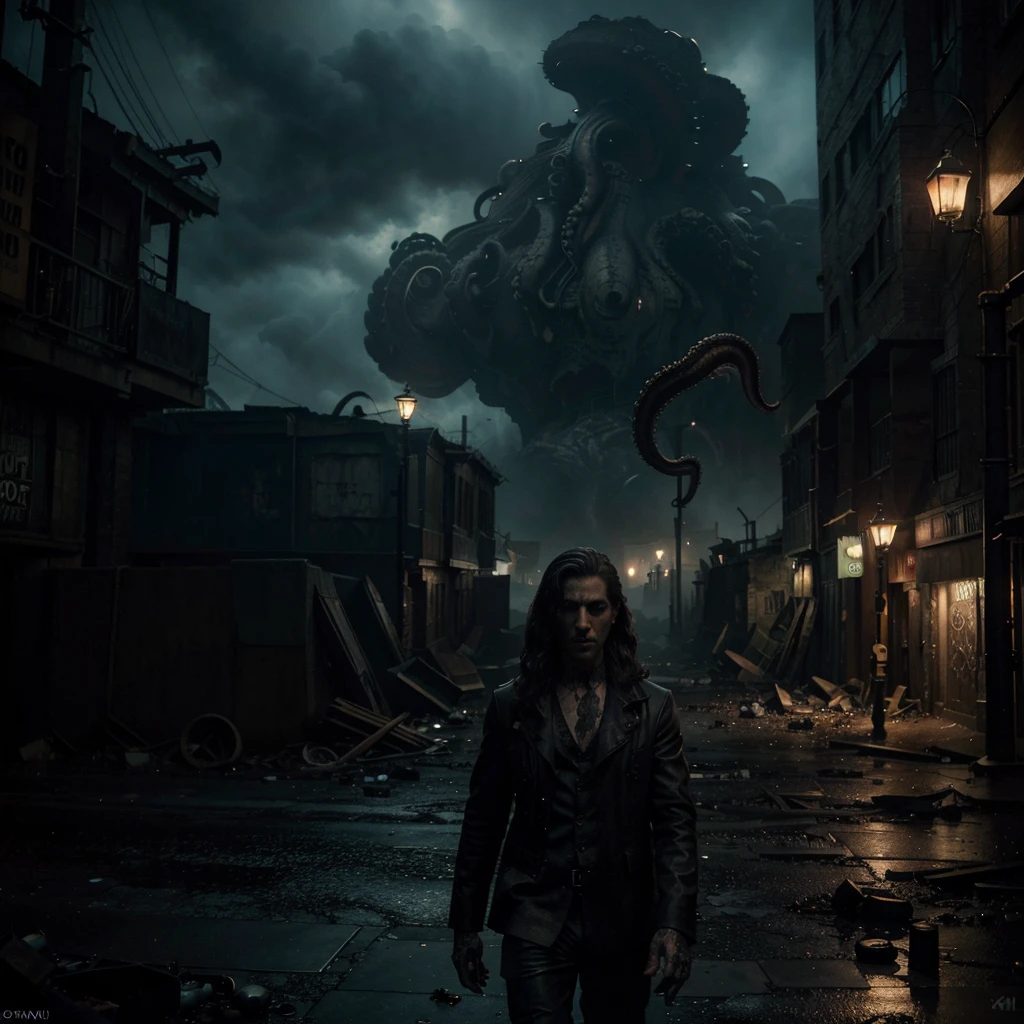 Octopus destroying a city, alley, dark, gritty, horror, detailed ...