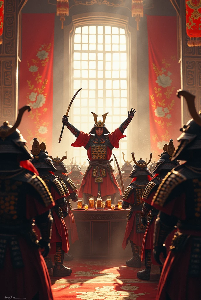 Samurai celebrating their victory inside the castle - SeaArt AI