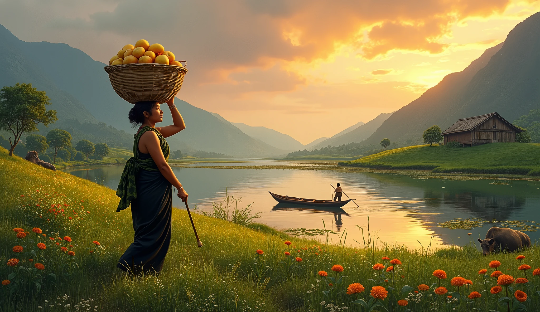 There is a woman carrying a basket of fruit on her head - SeaArt AI