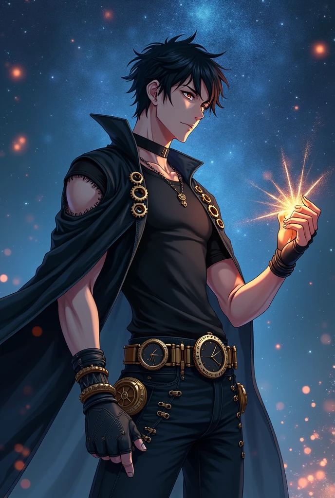 Wizard,man,Young,anime,Clock hands, stars,black t-shirt,showing bare ...