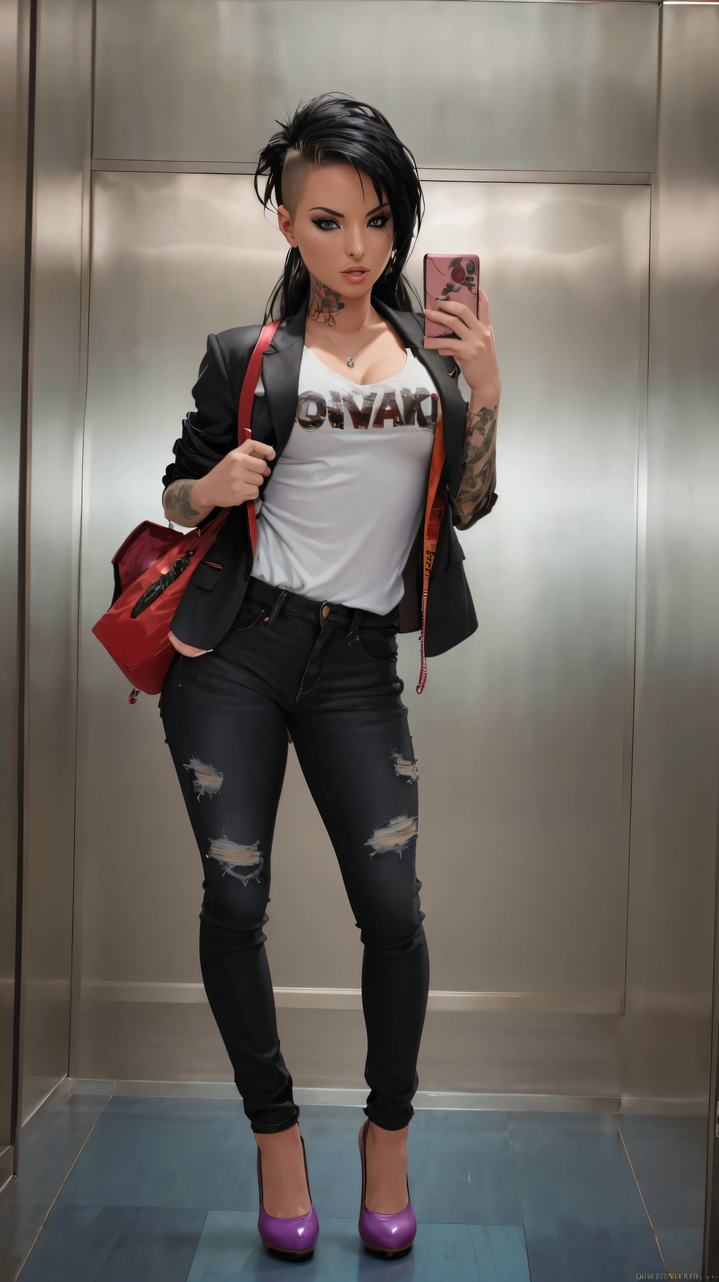 Woman in a black jacket and jeans taking a selfie in an elevator - SeaArt AI