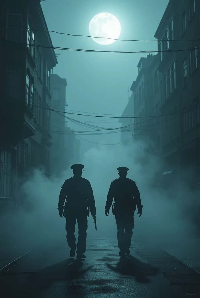 Night with a full moon, police walking through the streets and fog ...