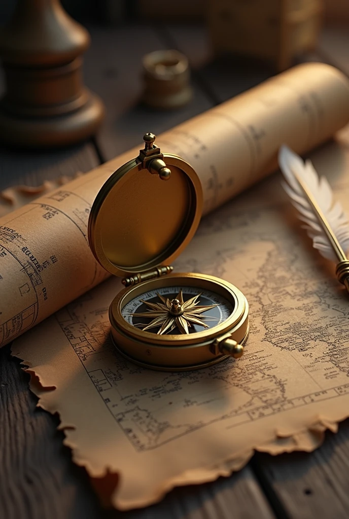 Create an image of an antique golden compass on a weathered wooden ...