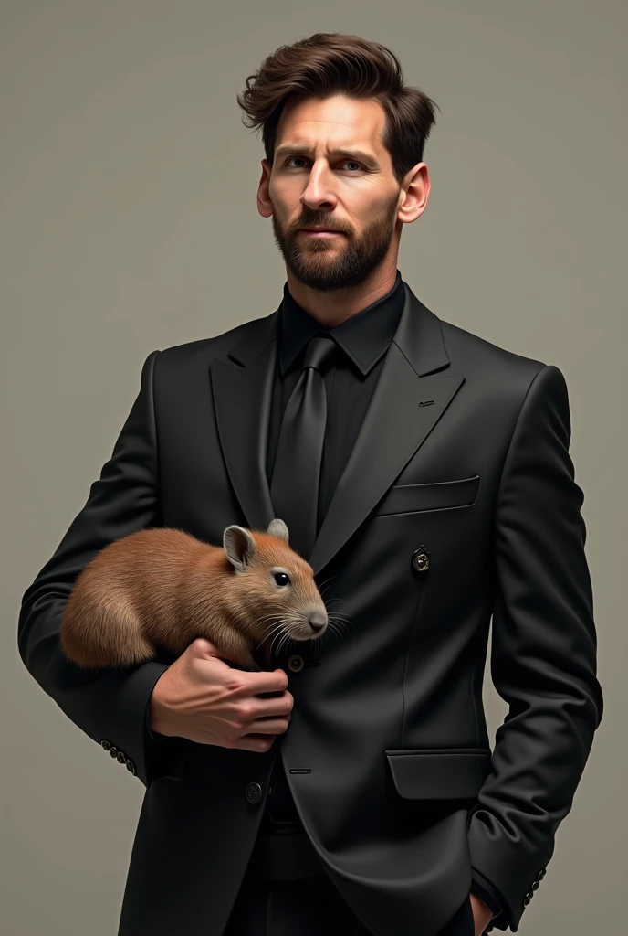 Messi in a black suit holding a capybara - SeaArt AI