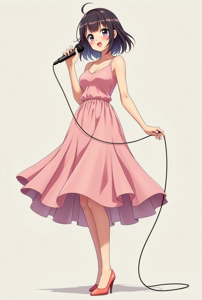 Anime girl pose standing holding a mic, high, santai, wearing a dress ...